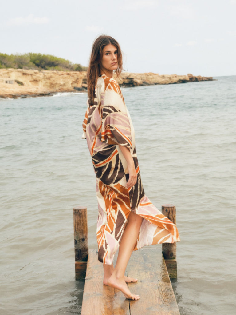 Mercedes Satin Silk Closed Tunic | Lilac Platanera Leaves | Fashionkind