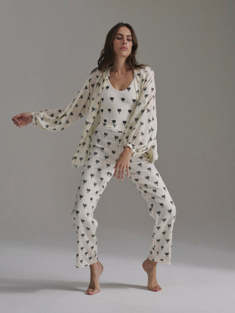 Santo Tomás Martellato Silk Pants | Ivory/Black Polka Palms | Fashionkind