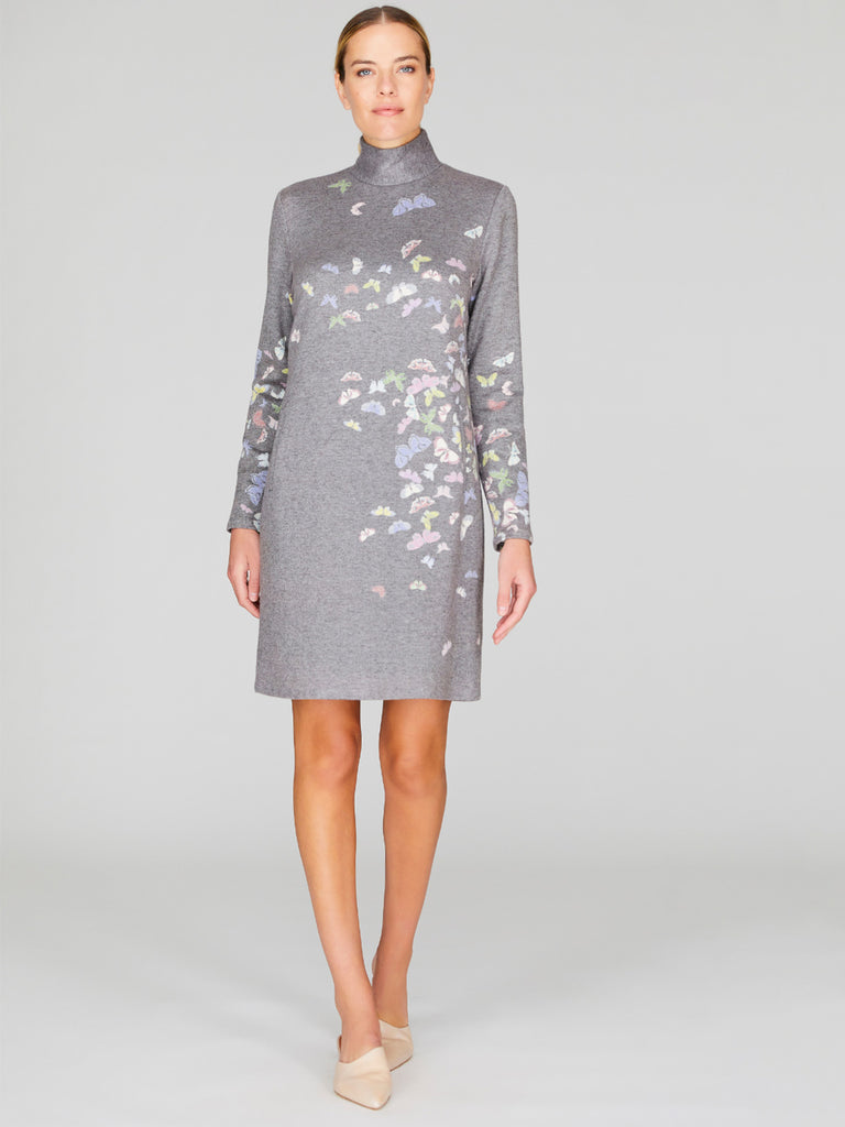 Mi Jong Lee | Flutter Print Sweater Knit Turtleneck Shift Dress ...